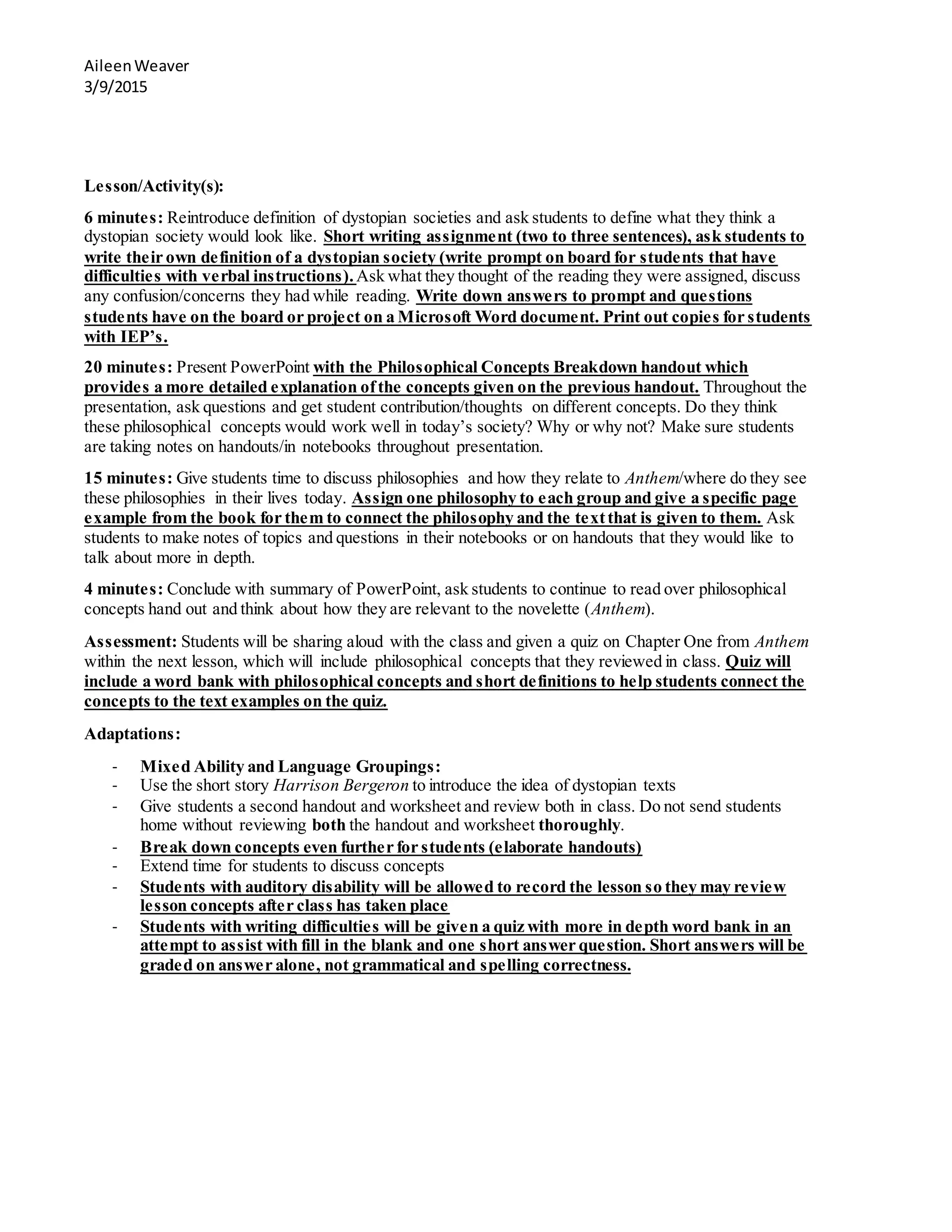 Anthem Philosophical Concepts Lesson Plan - Adapted | DOCX