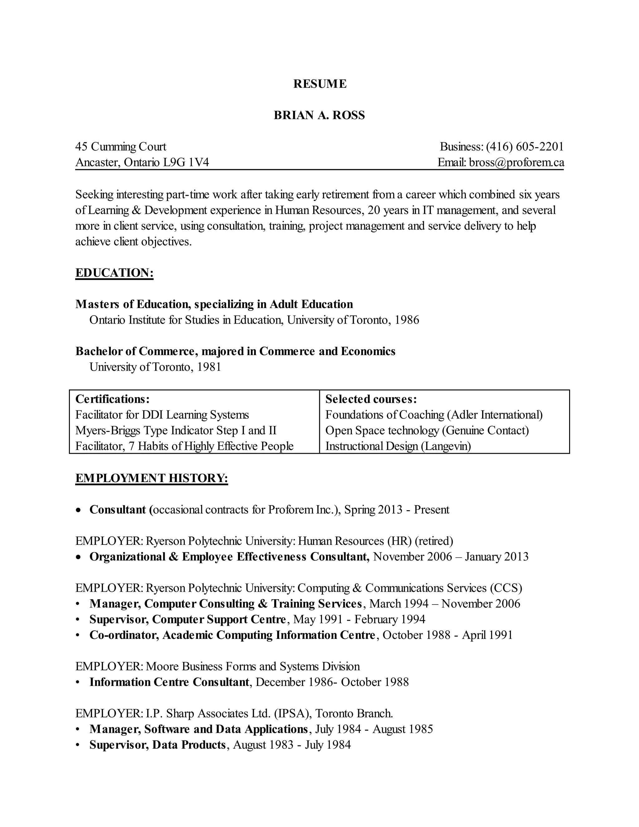 Brian Ross PT resume Sept 2015 v1 | DOCX | Human Resources | Business