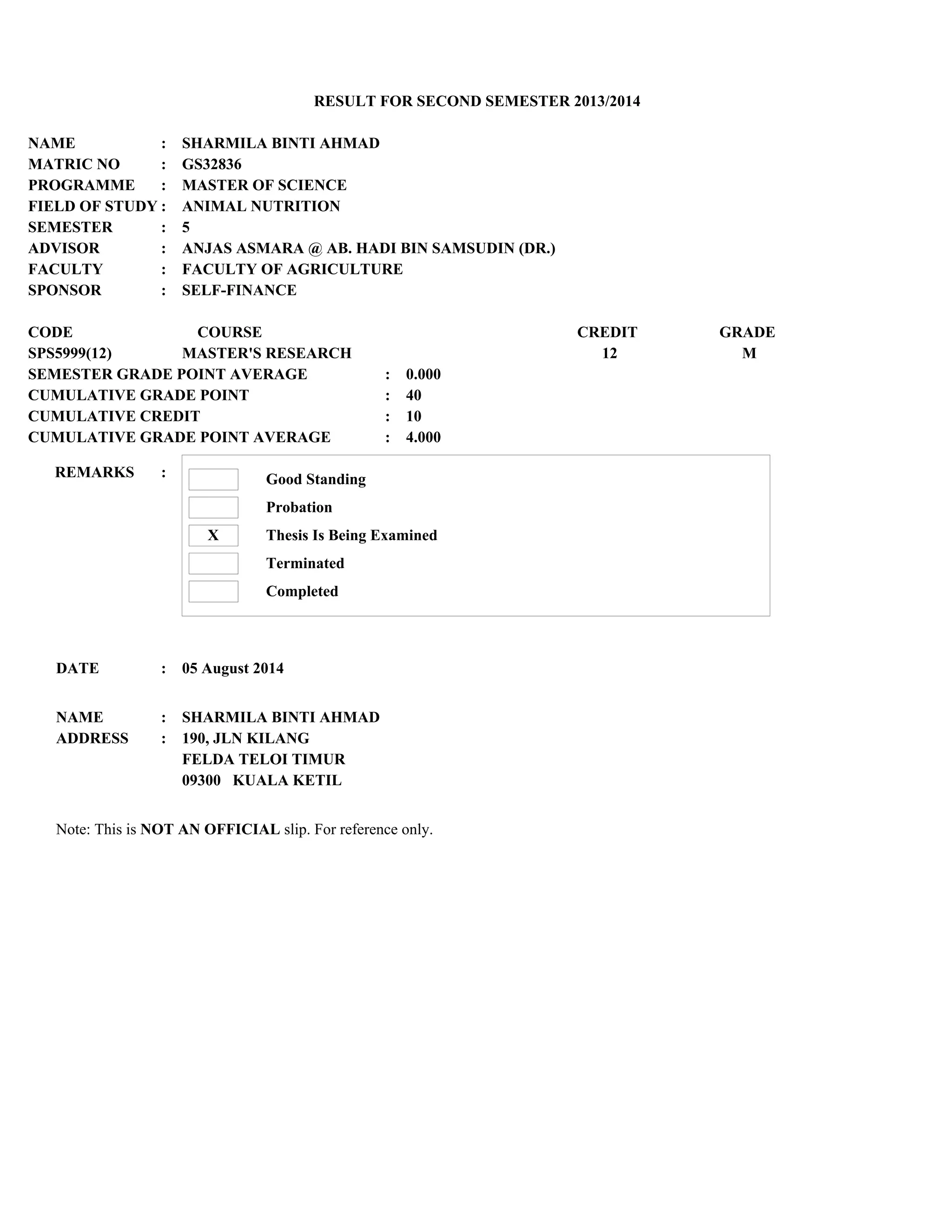 Temporary Transcript (MSc. Animal Nutrition) | PDF