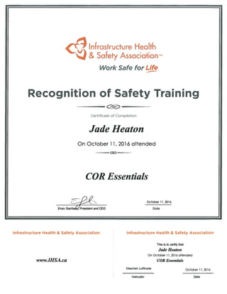 IHSA Certificate - COR Essentials | PDF
