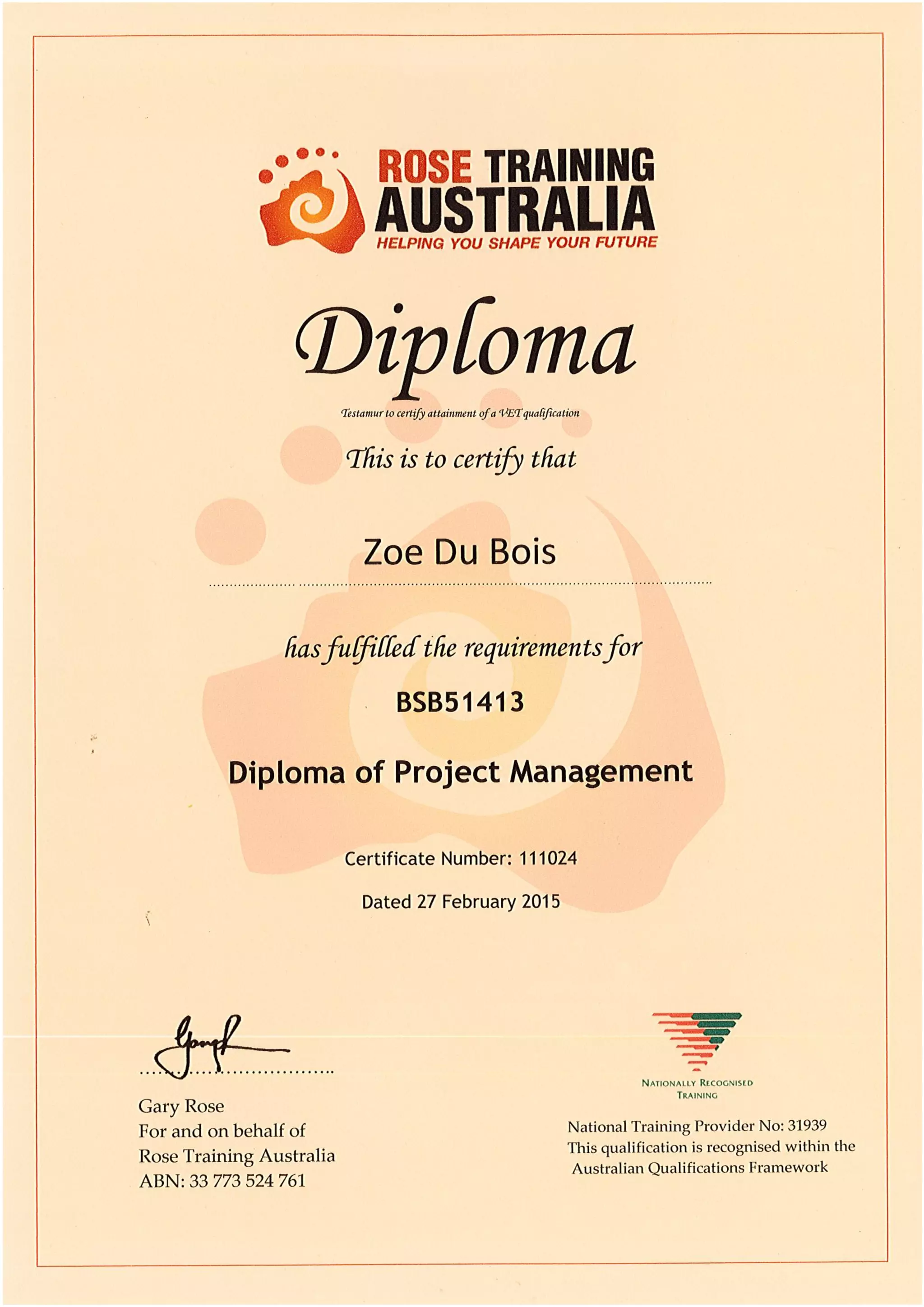 Diploma of Project Management Certificate - Zoe Du Bois | PDF