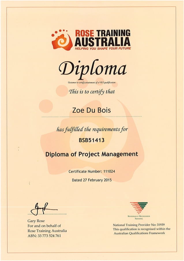 Diploma of Project Management Certificate - Zoe Du Bois | PDF ...