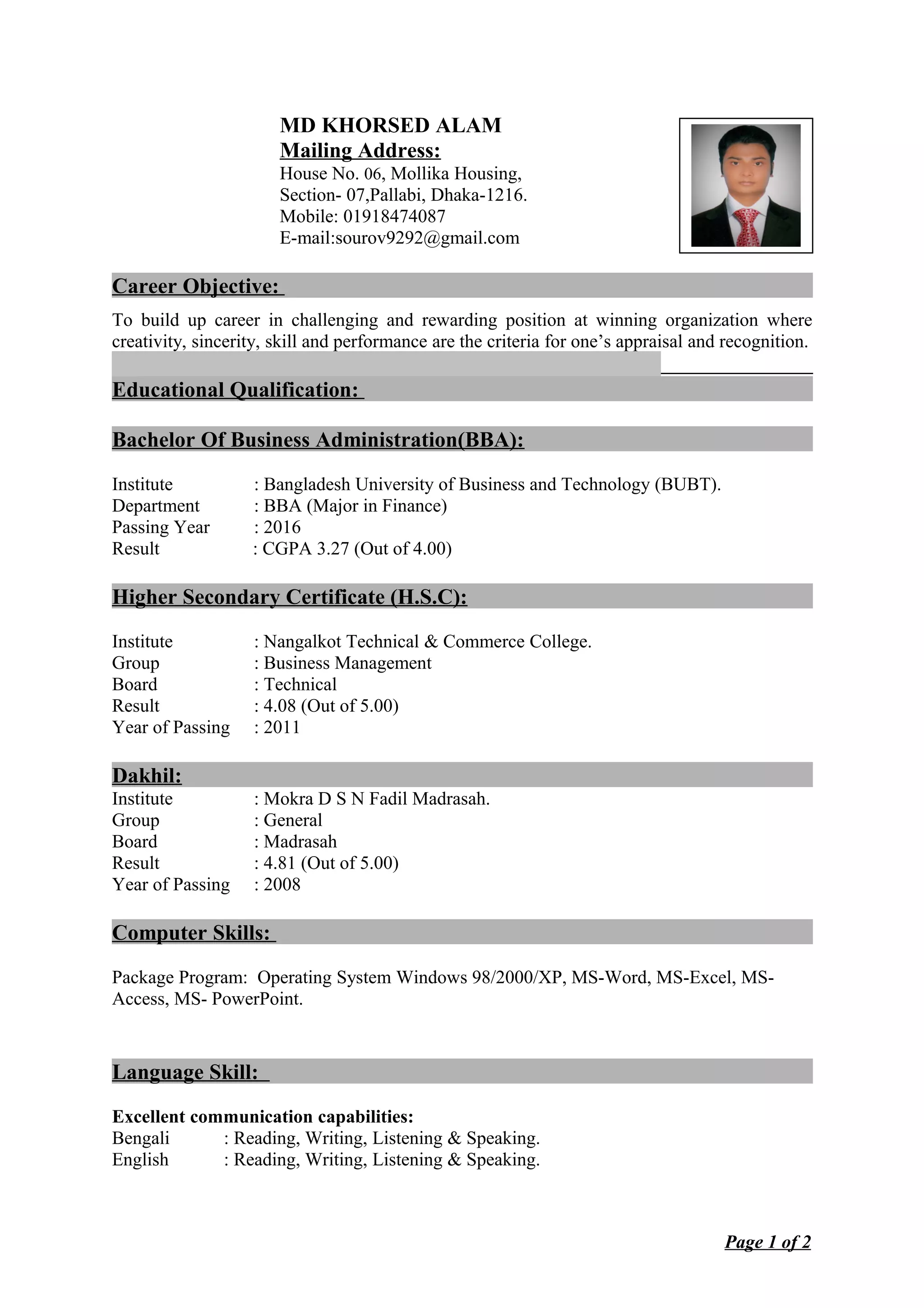 Resume of Khorsed alam | PDF