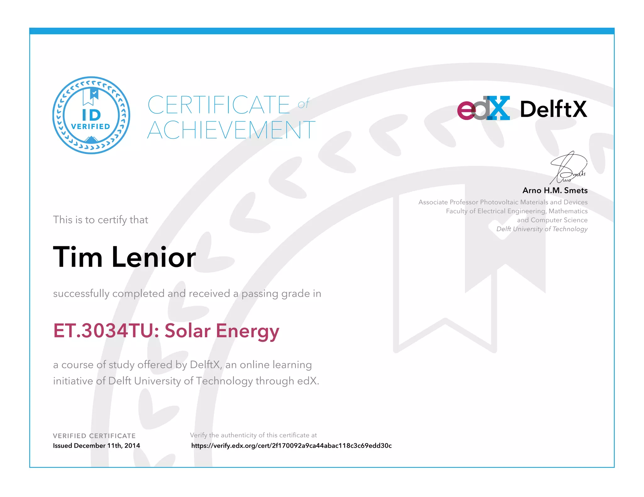 Certificate ET3034TU Solar Energy TUDelftx | PDF