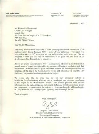 The World Bank Appreciation Certificate and Thanks Letter - 2015 | PDF