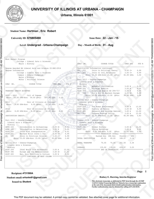 U of I Official Transcript escrip safe | PDF