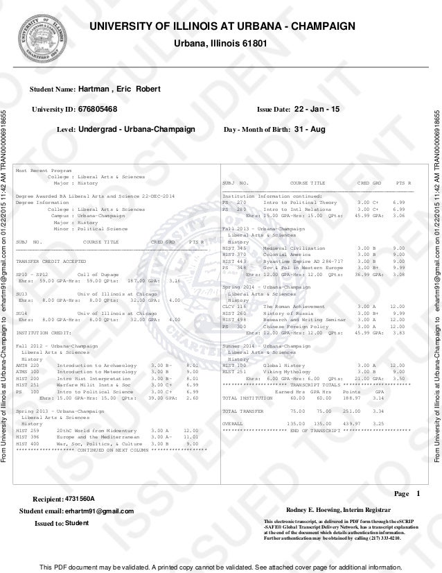 U of I Official Transcript escrip safe