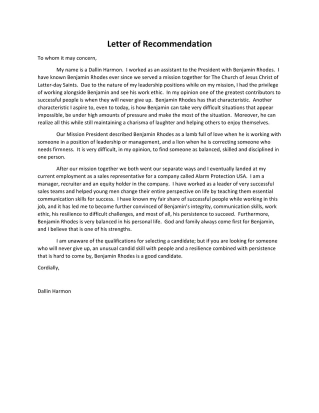 Letter of Recommendation for Benjamin Rhodes' Character and Work Ethic ...