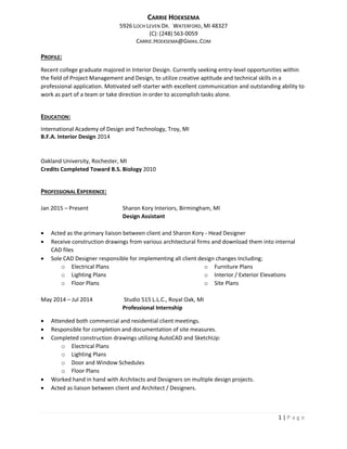 Hoeksema, Carrie - Resume 2015 | PDF