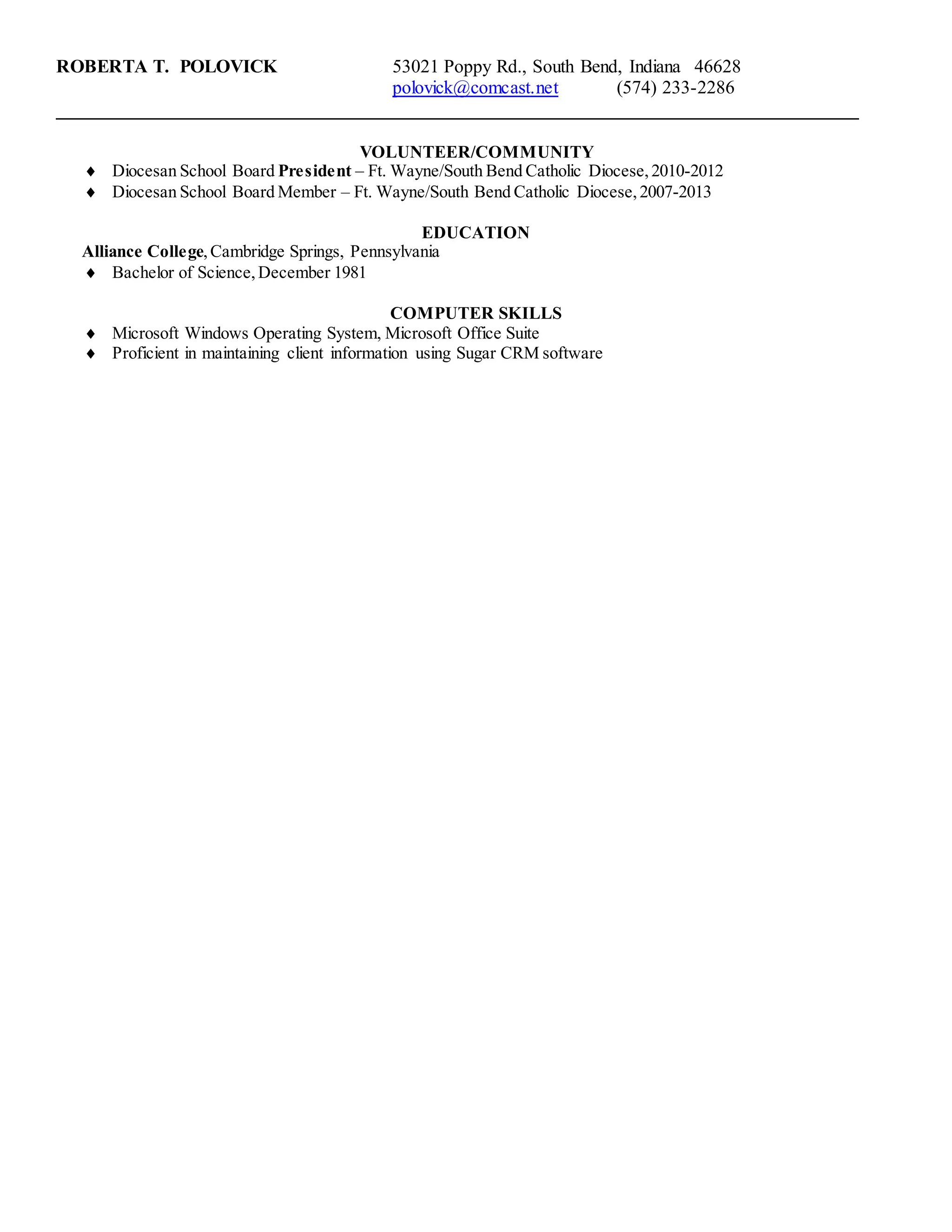 Roberta Polovick Resume | DOCX | Business Administration | Business