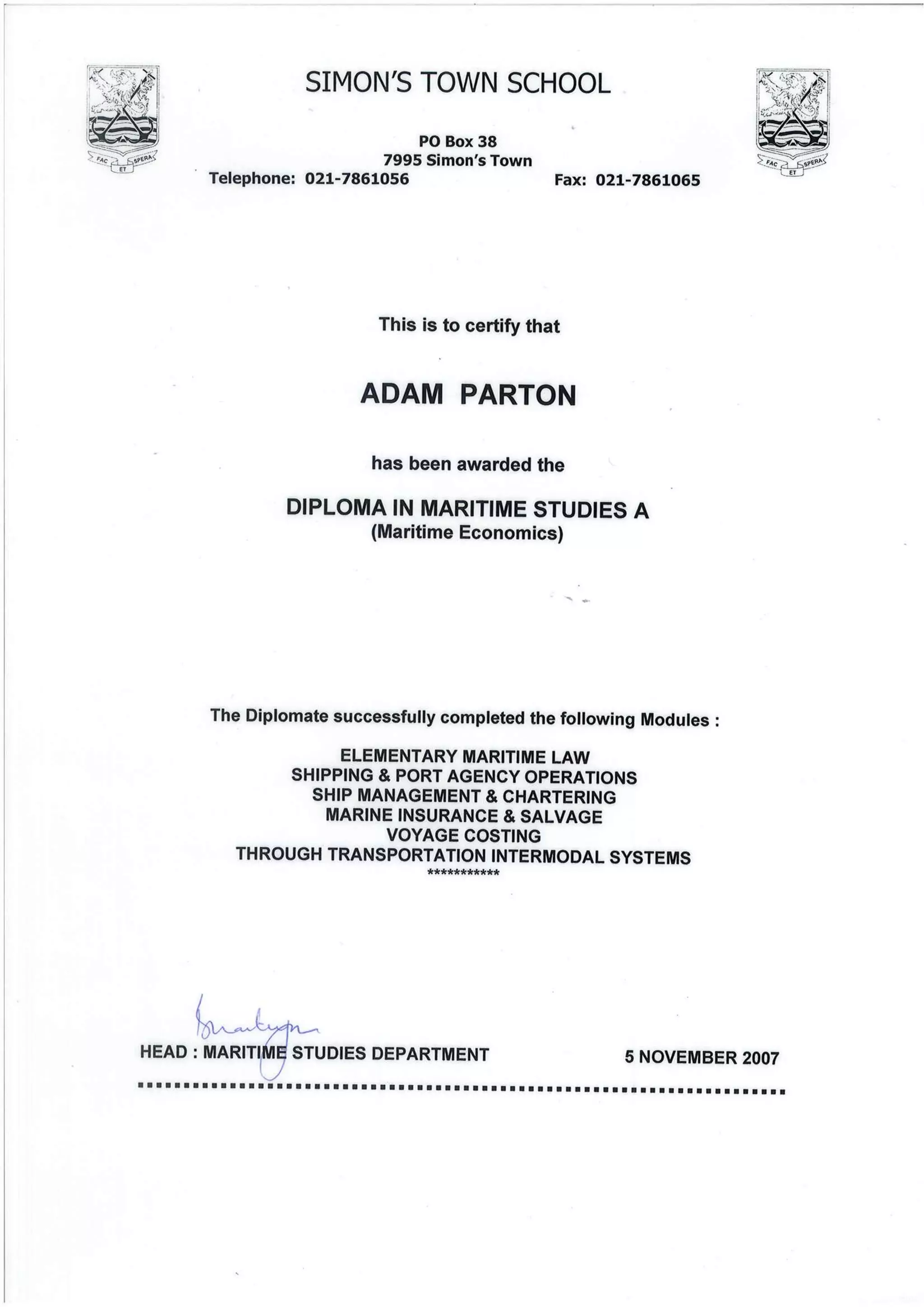 Diploma in Maritime Studies A - Simon's Town School | PDF