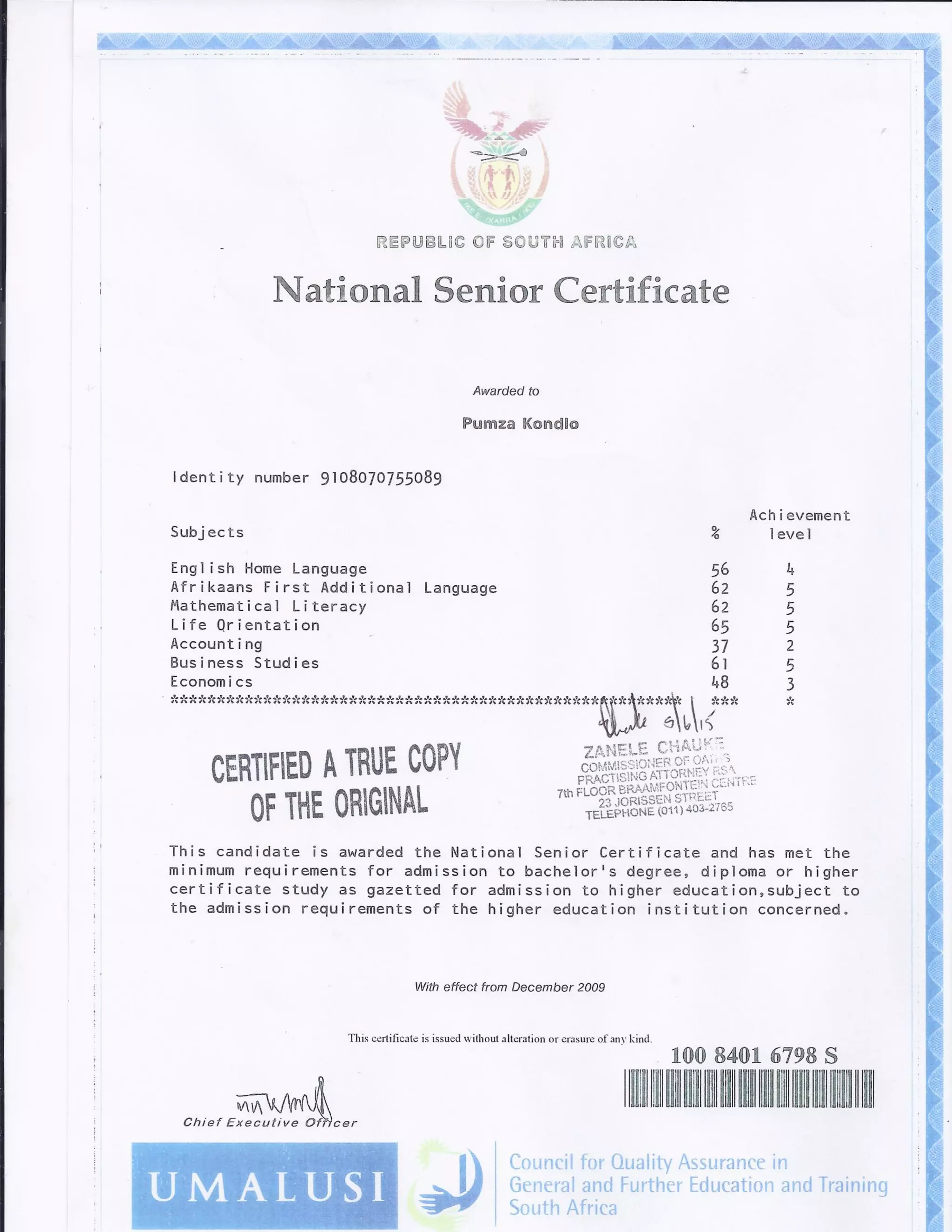matric certificate | PDF