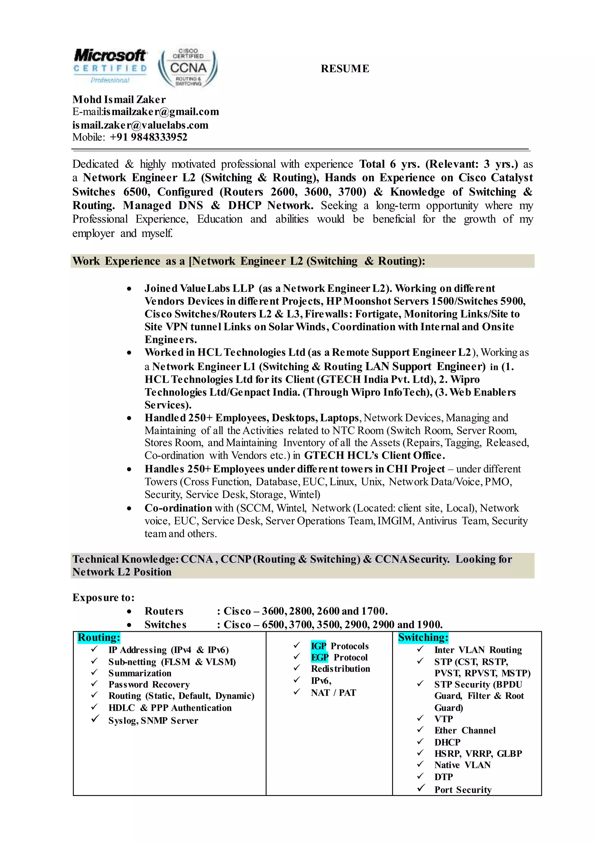 Network Engineer (Switching & Routing) | DOCX