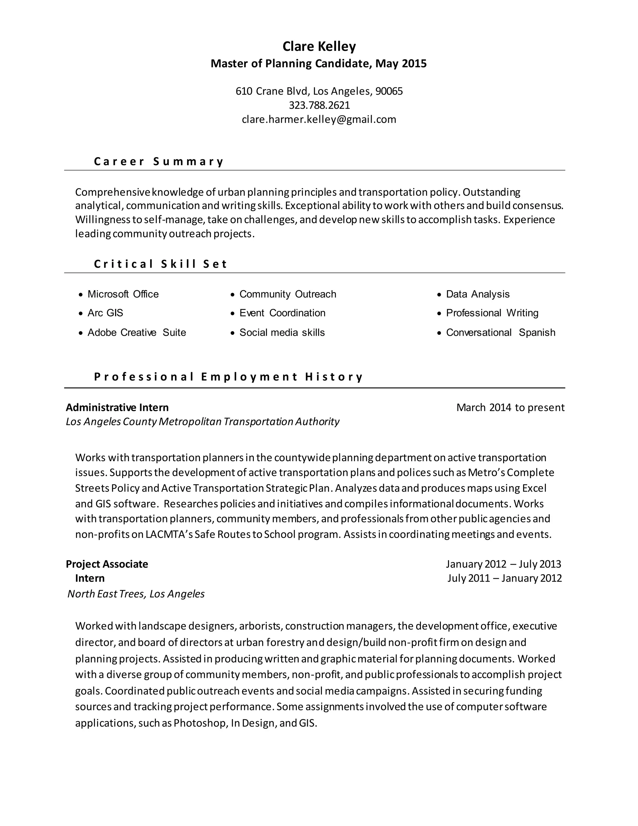 Clare Kelley Resume Urban Planning Transportation | PDF