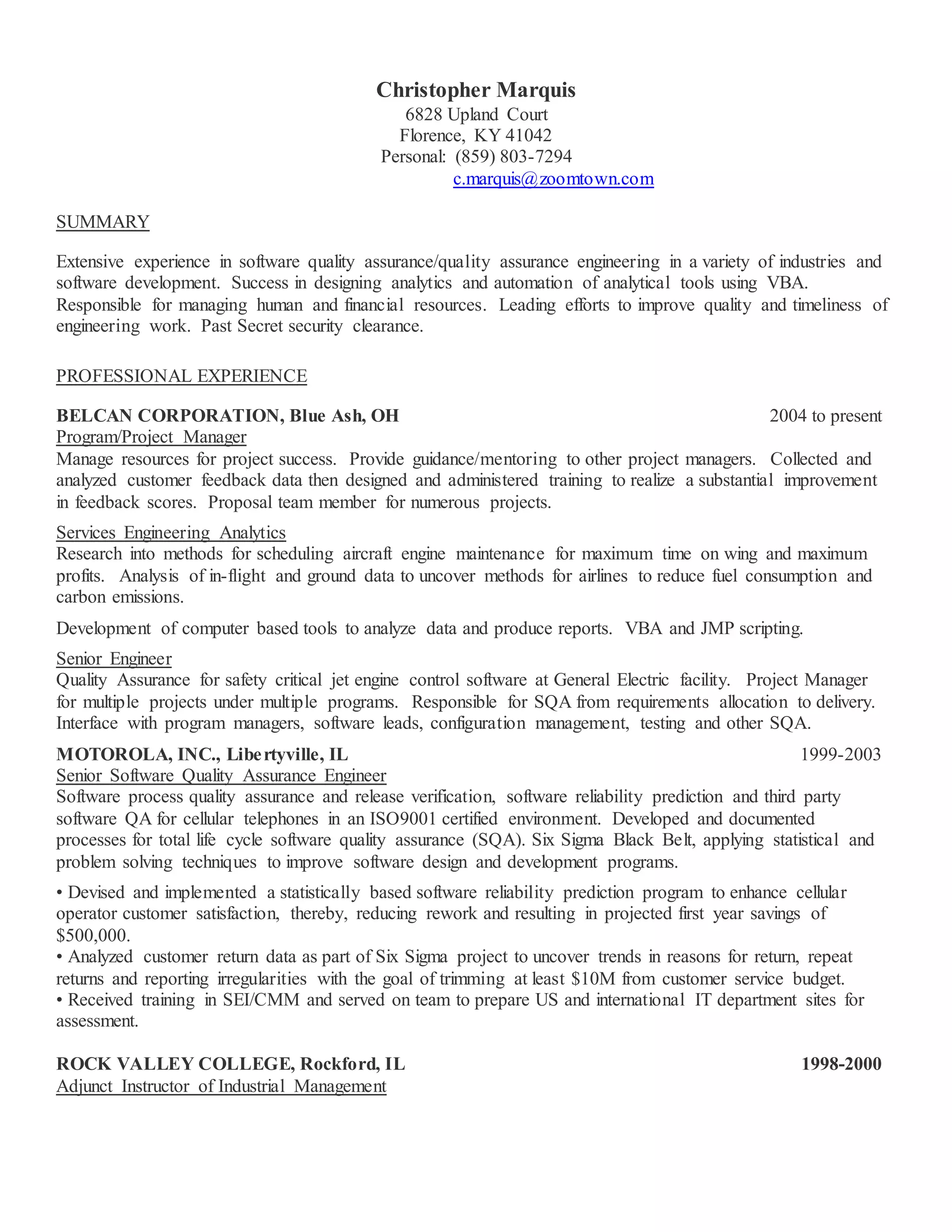 Q_Resume_C_Marquis_2016 | DOCX | Defense Industry | Industries