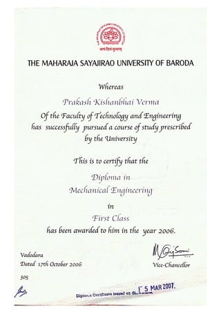Diploma In Mechanical Engg Certificate | PDF