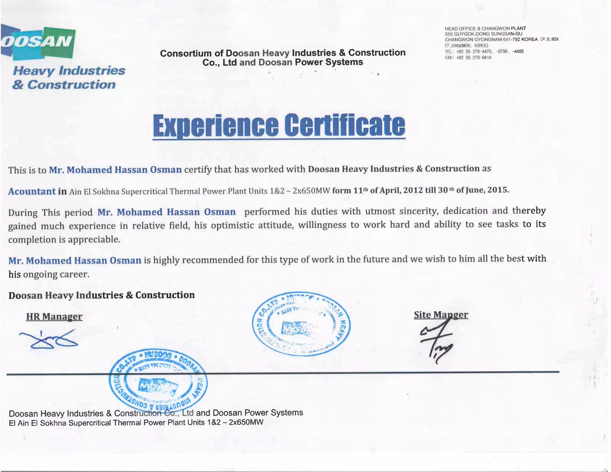 EXPERIANCE CERTIFICATE FROM DOOSAN | PPT