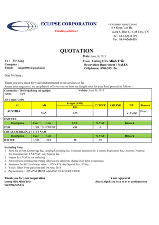 QUOTATION_Air Cargo_ IMPORT Austria-HCM_ECLIPSE LOGISTICS CORP-Mr Sang | PDF
