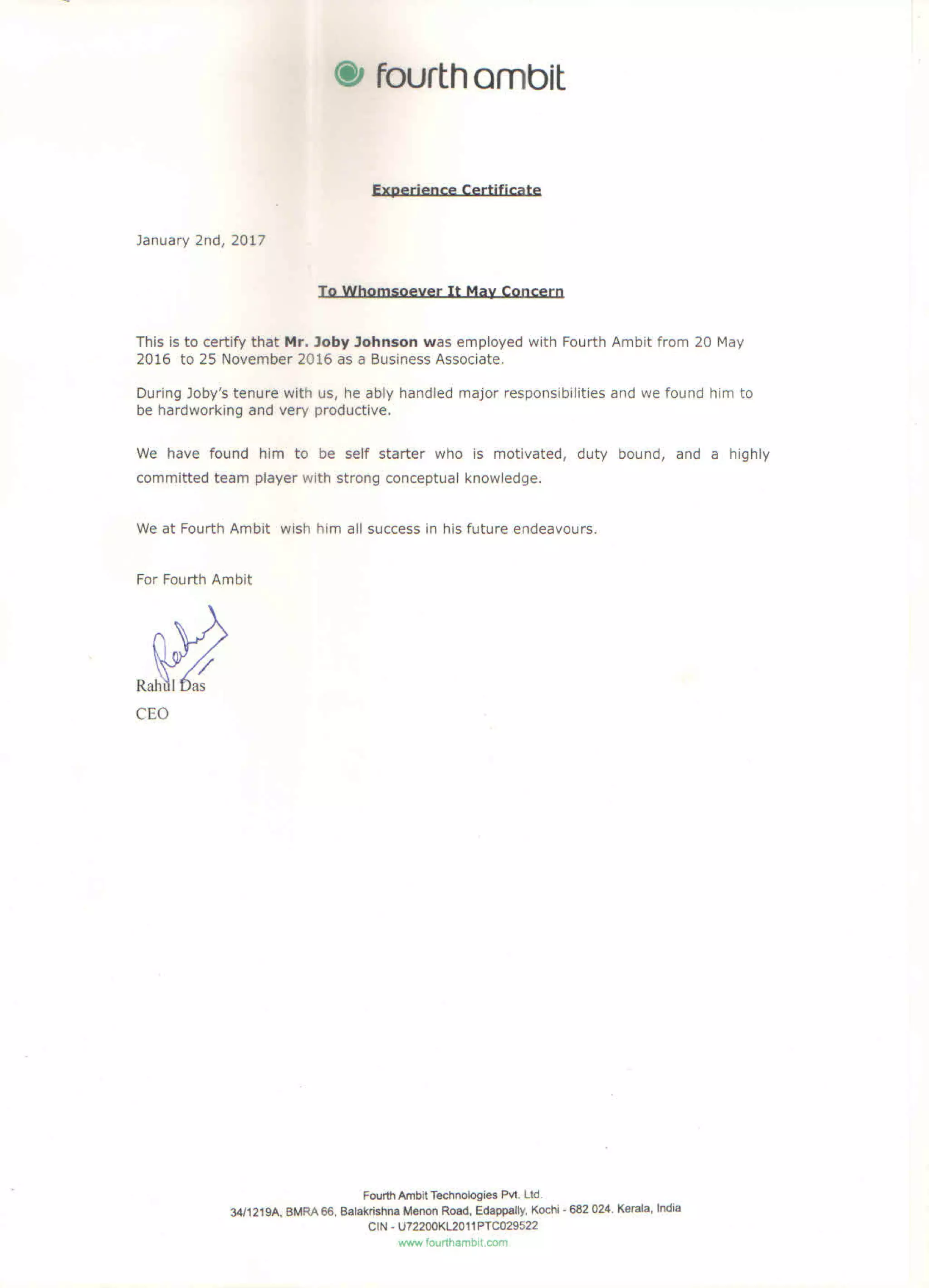 Experience certificate Joby Johnson | PDF