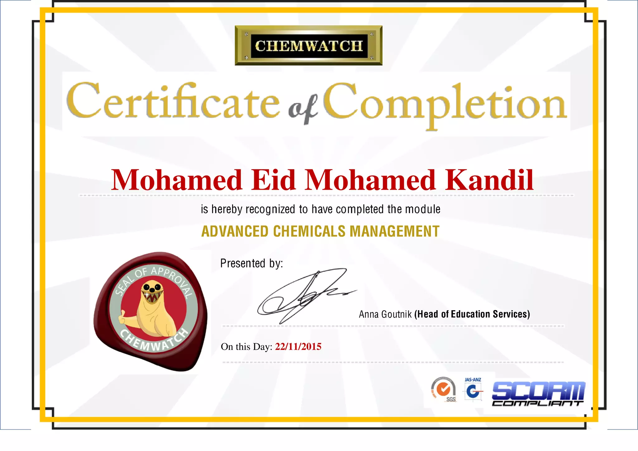 Certificate of Completion (CHEMWATCH) | PDF