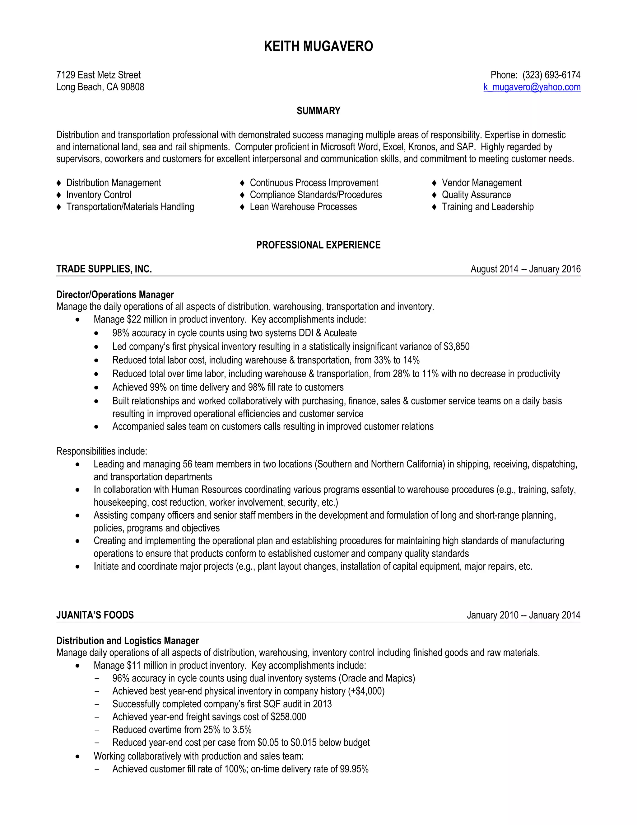 Mugavero Keith 2016 Resume | DOC