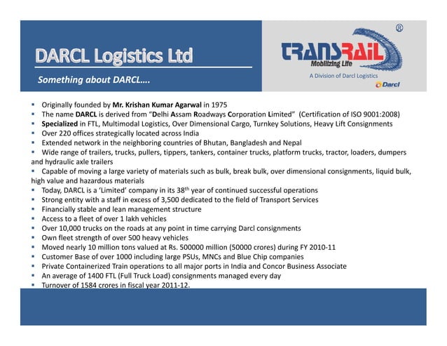 DARCL Logistics Ltd (RAIL Division) Profile & Presentation | PDF