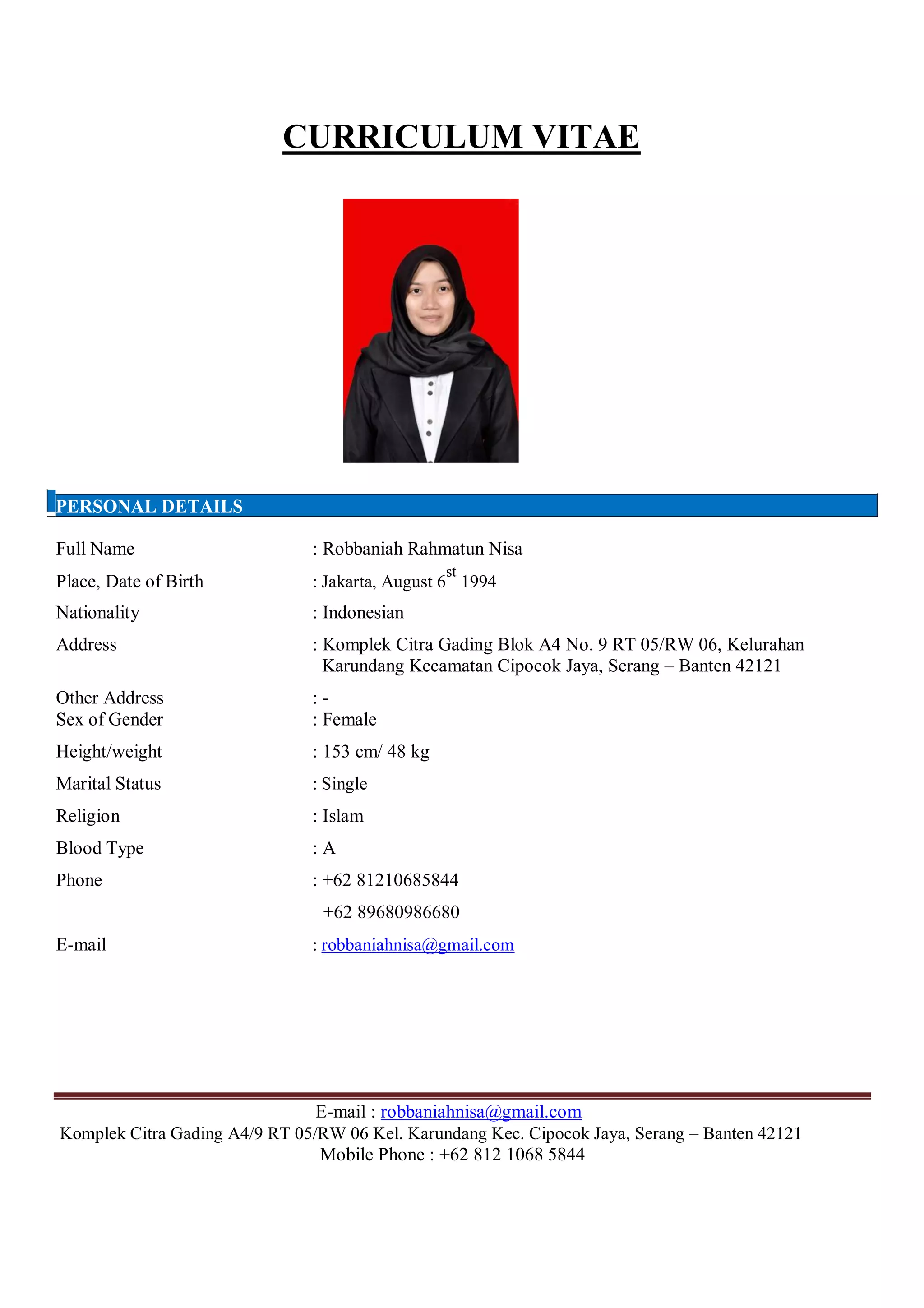 Curriculum Vitae Robbaniah Rahmatun Nisa | PDF