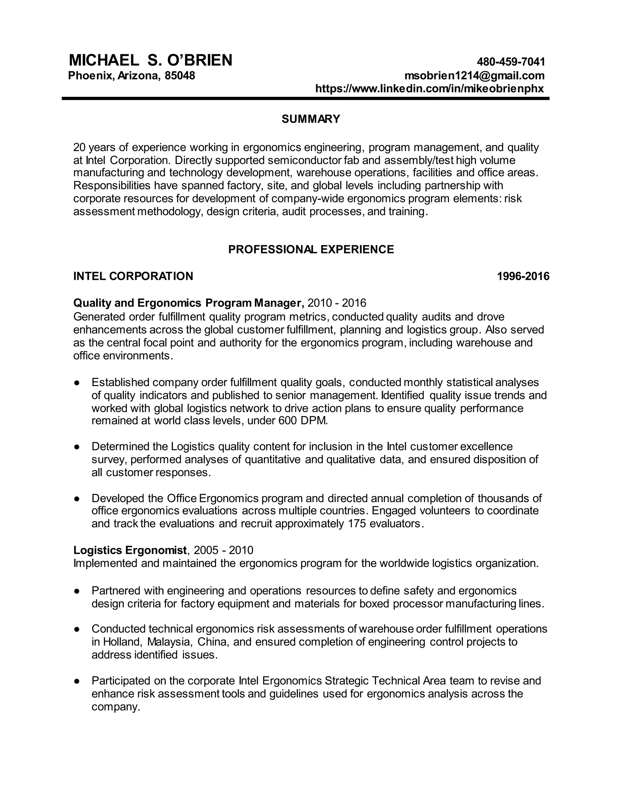 Michael Obrien Resume Pdf