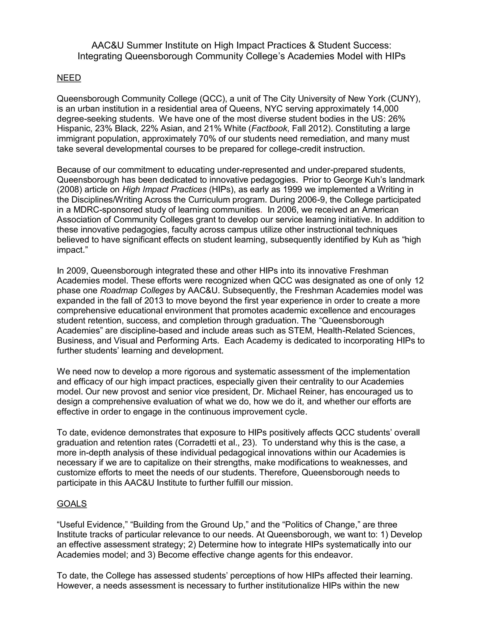 AACU - HIPs Application Narrative FINAL QCC 042114 | PDF