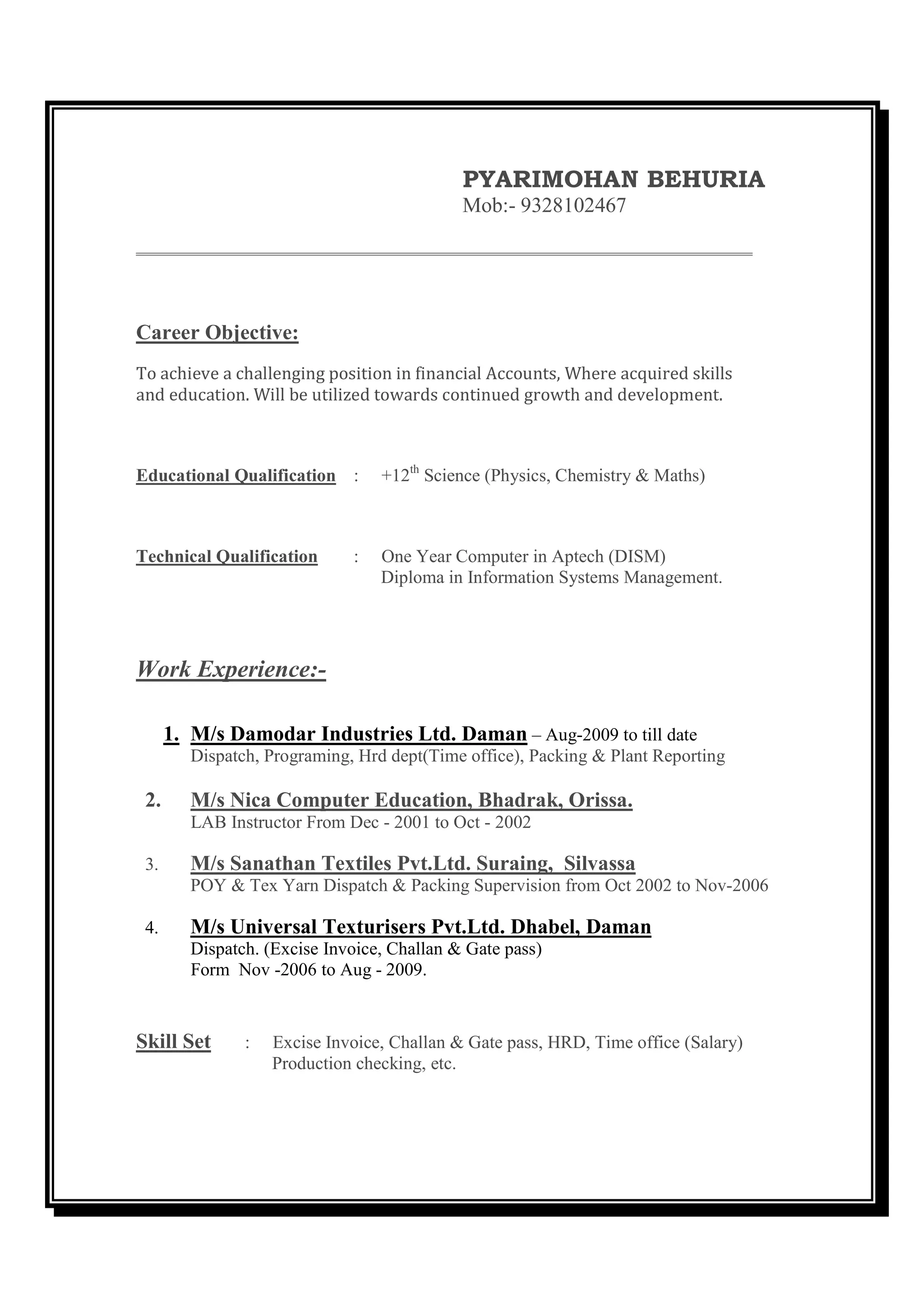 RESUME PYARIMOHAN | PDF