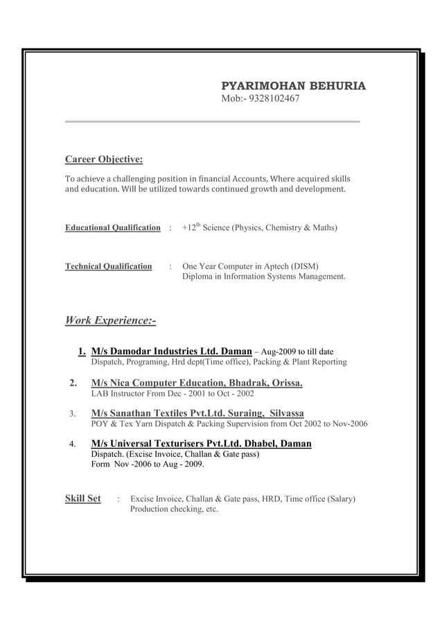 RESUME PYARIMOHAN | PDF