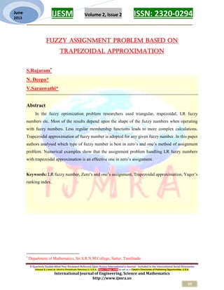 FUZZY ASSIGNMENT PROBLEM BASED ON TRAPEZOIDAL APPROXIMATION | PDF