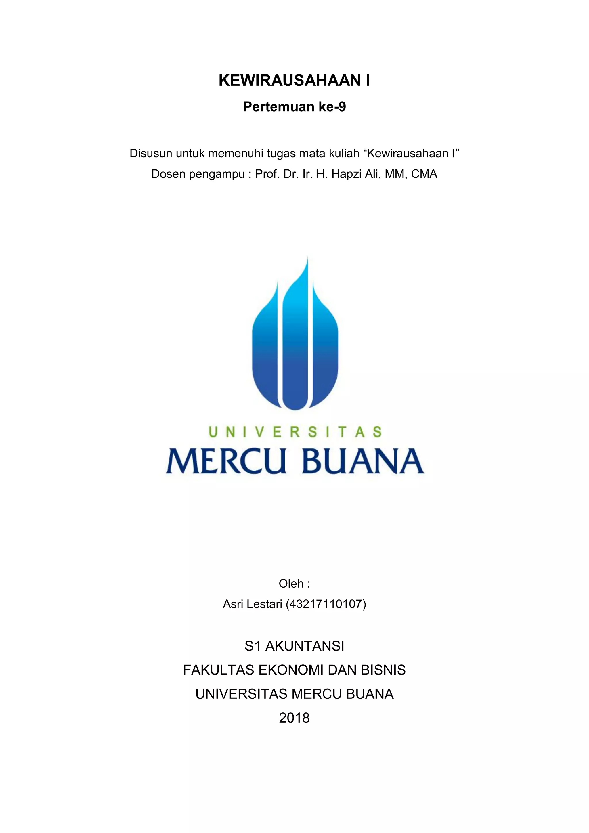 9 kewirausahaan, asri lestari, hapzi ali, dasar manajemen, mercu buana 2018 | PDF