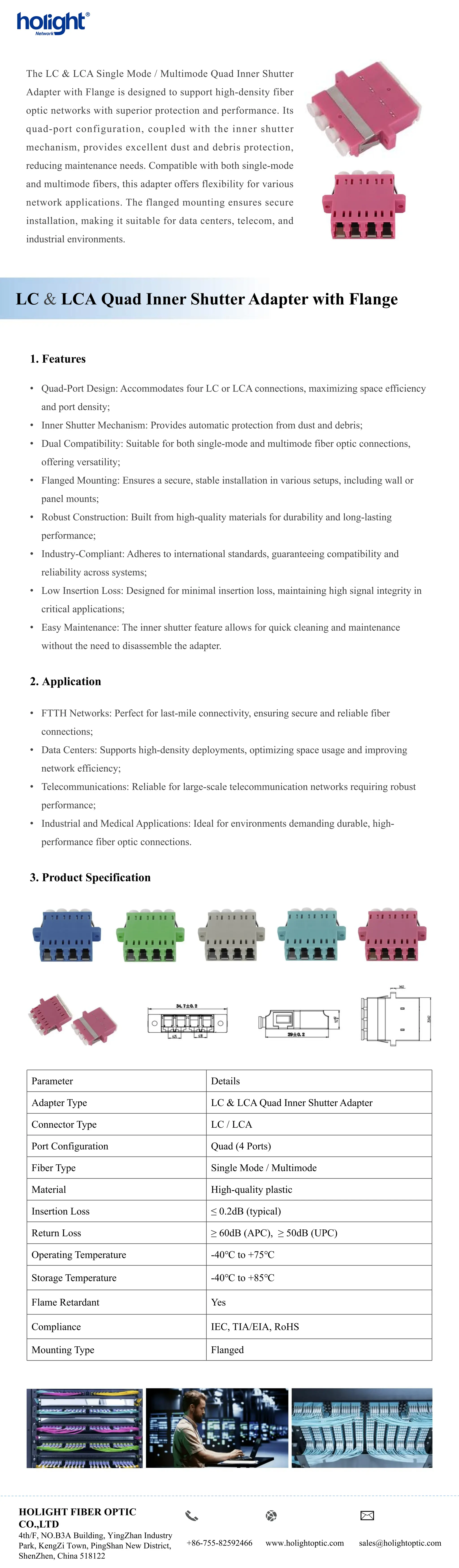 LC & LCA SM MM Quad Inner Shutter Adapter with Flange | High-Density ...