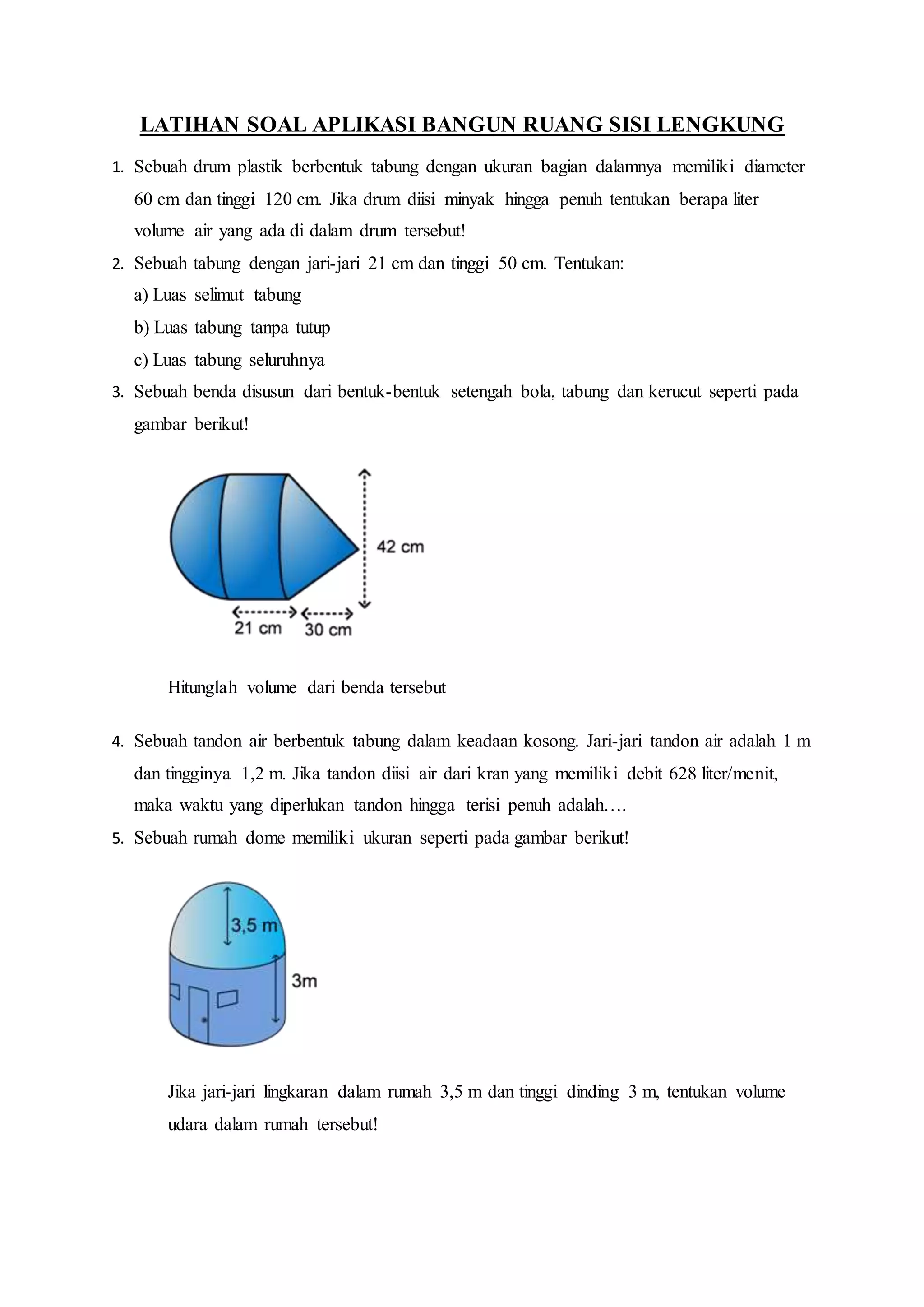 9 latihan soal aplikasi bangun ruang sisi lengkung | DOCX