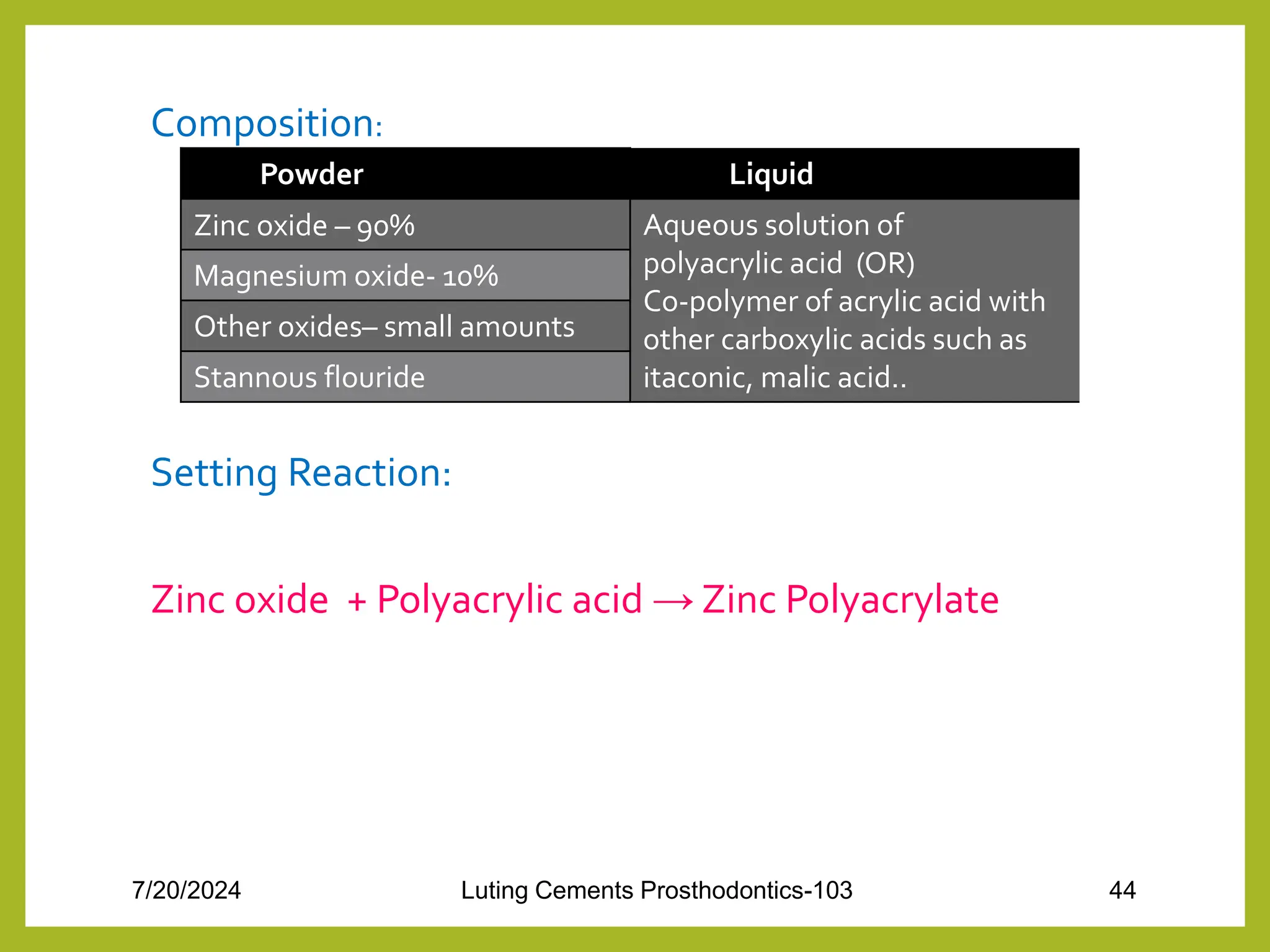 Luting agents in prosthodontics and their effects | PPTX