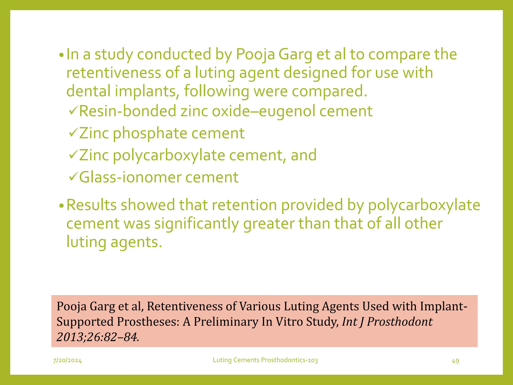 Luting agents in prosthodontics and their effects | PPTX