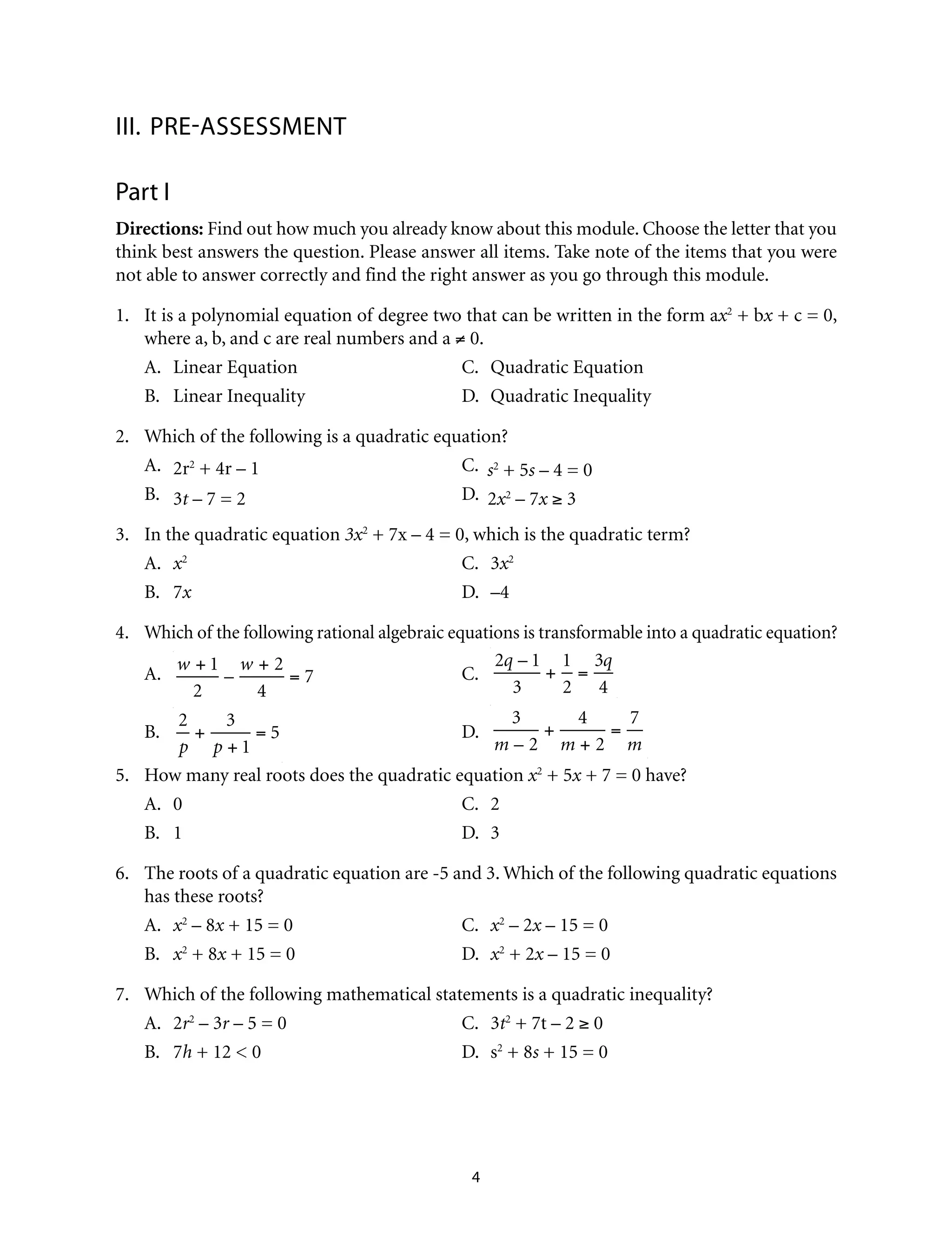 Grade 9: Mathematics Unit 1 Quadratic Equations and Inequalities. | PDF