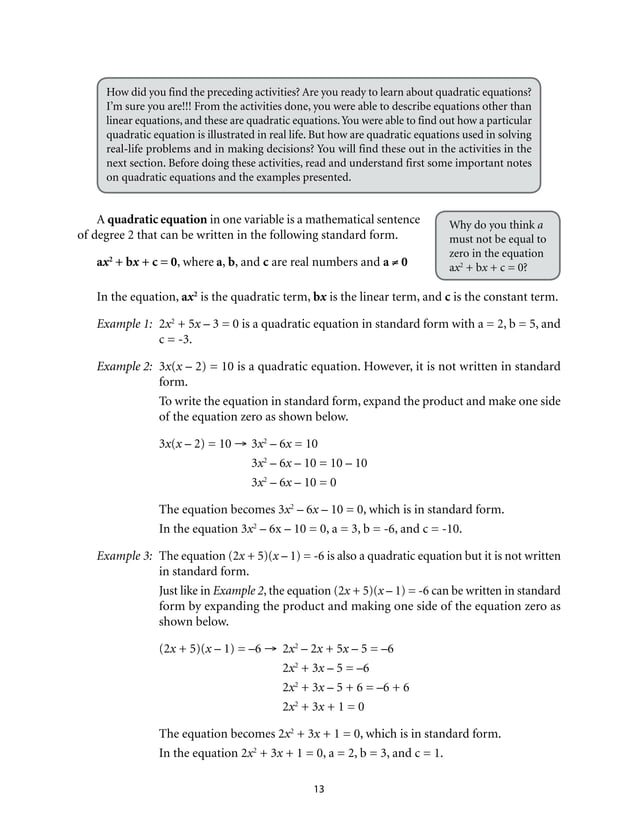 Grade 9: Mathematics Unit 1 Quadratic Equations and Inequalities. | PDF