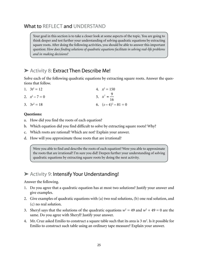 Grade 9: Mathematics Unit 1 Quadratic Equations and Inequalities. | PDF