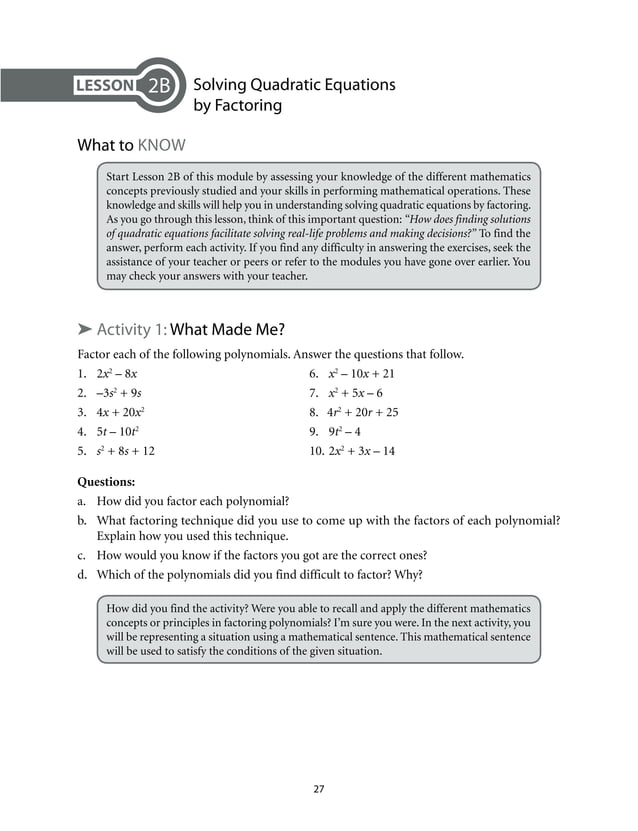 Grade 9: Mathematics Unit 1 Quadratic Equations and Inequalities. | PDF