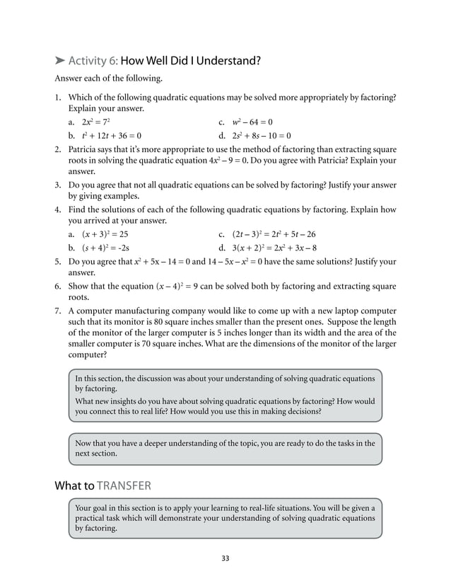 Grade 9: Mathematics Unit 1 Quadratic Equations and Inequalities. | PDF