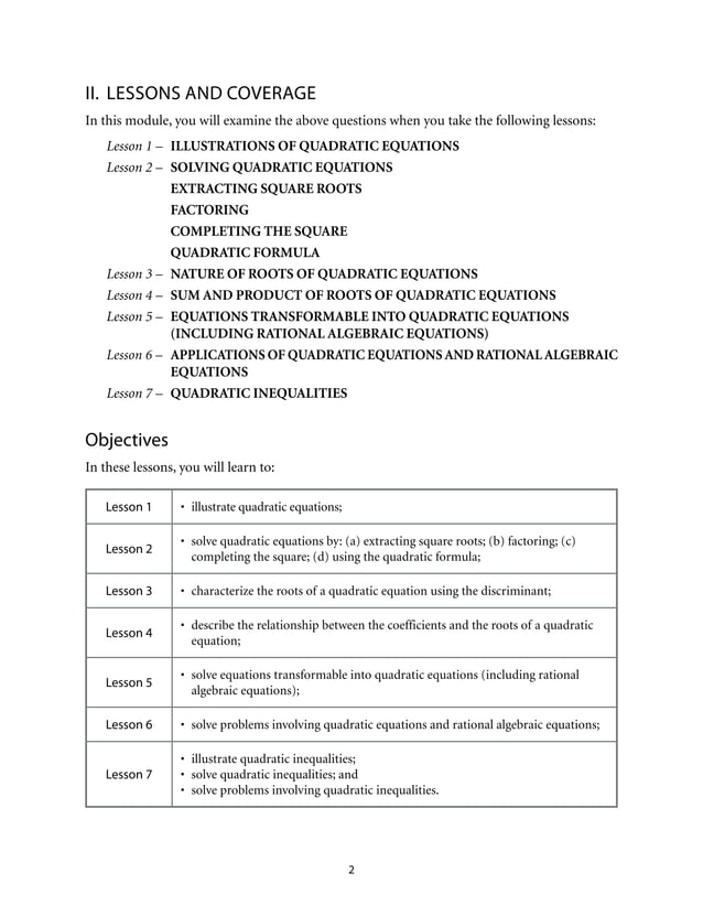 Grade 9: Mathematics Unit 1 Quadratic Equations and Inequalities. | PDF