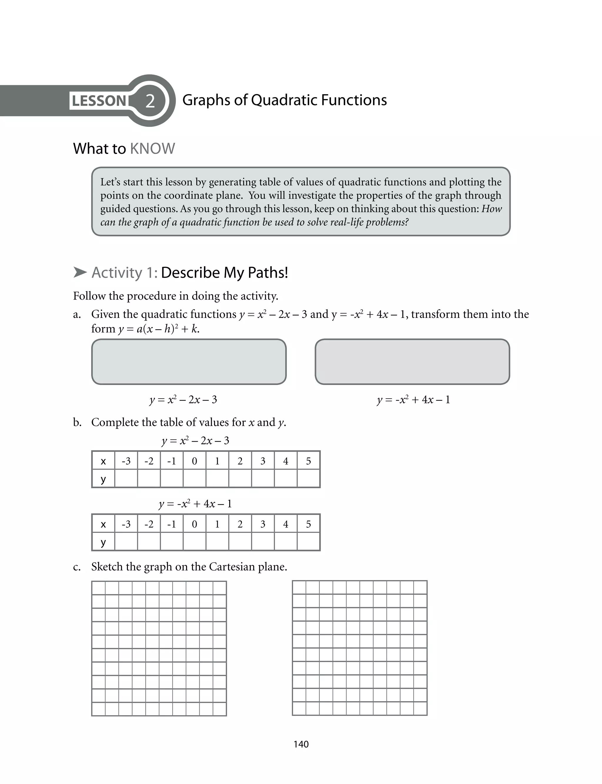 Grade 9: Mathematics Unit 2 Quadratic Functions. | PDF
