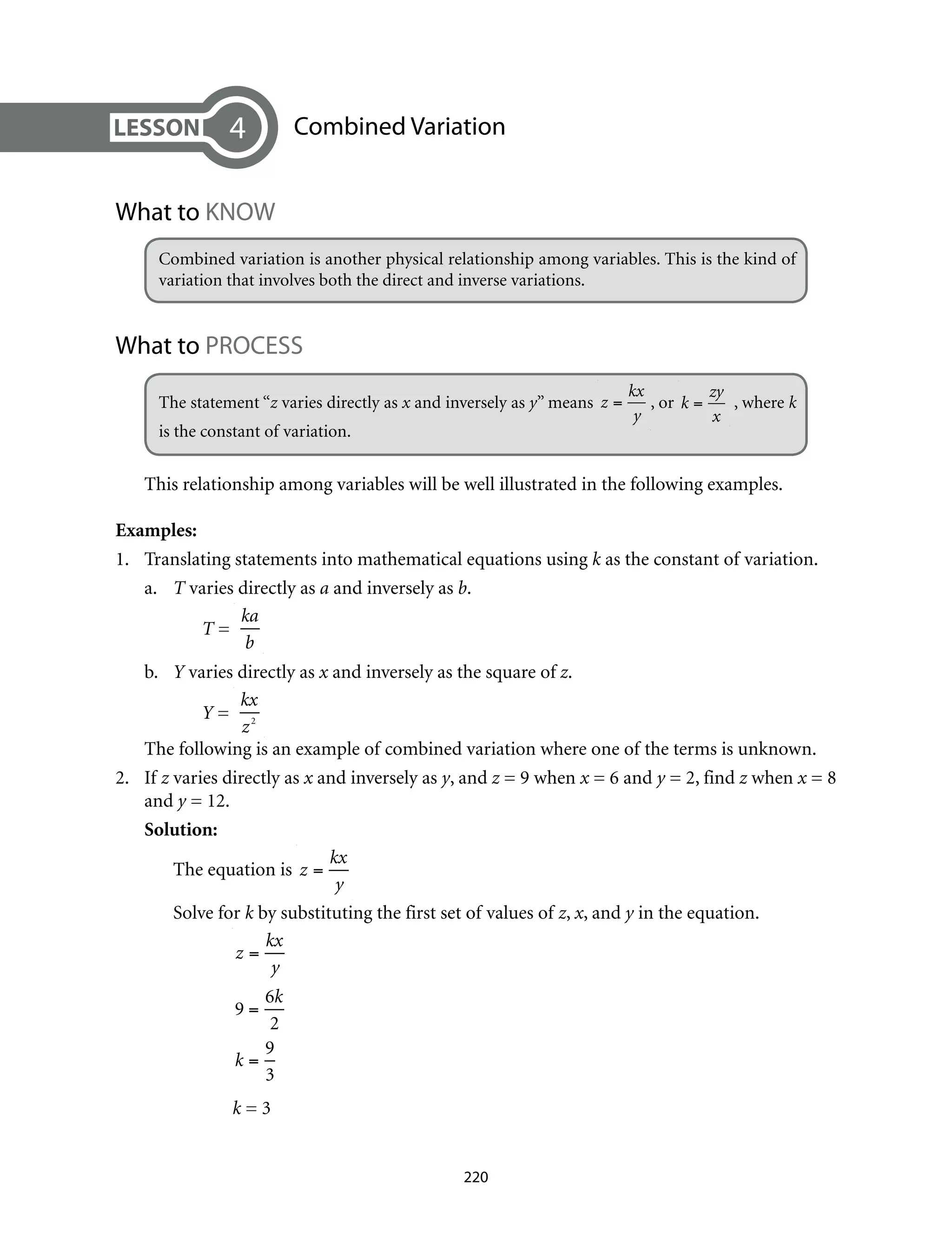 Grade 9: Mathematics Unit 3 Variation | PDF