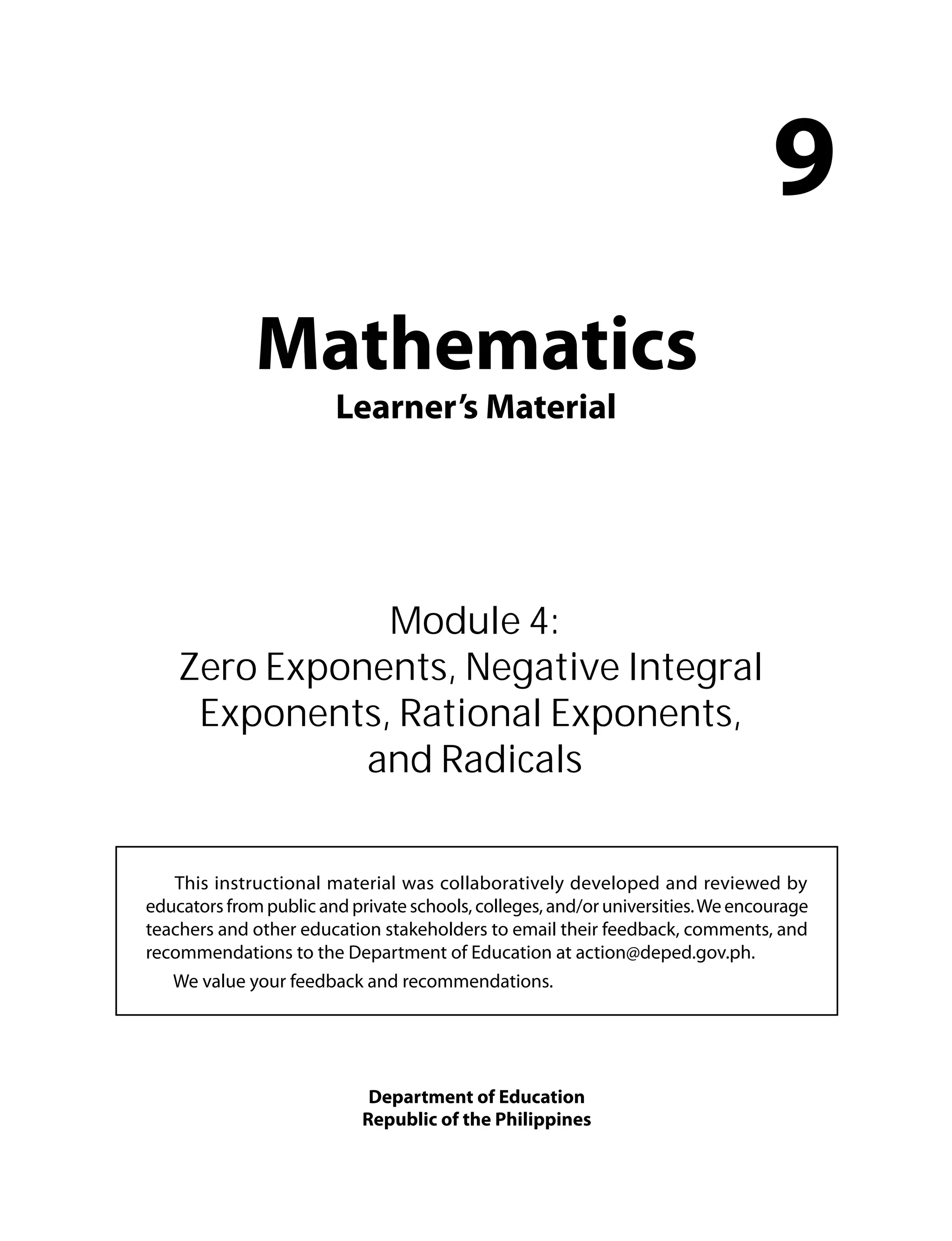 Grade 9: Mathematics Unit 4Zero Exponents, Negative Integral Exponents ...