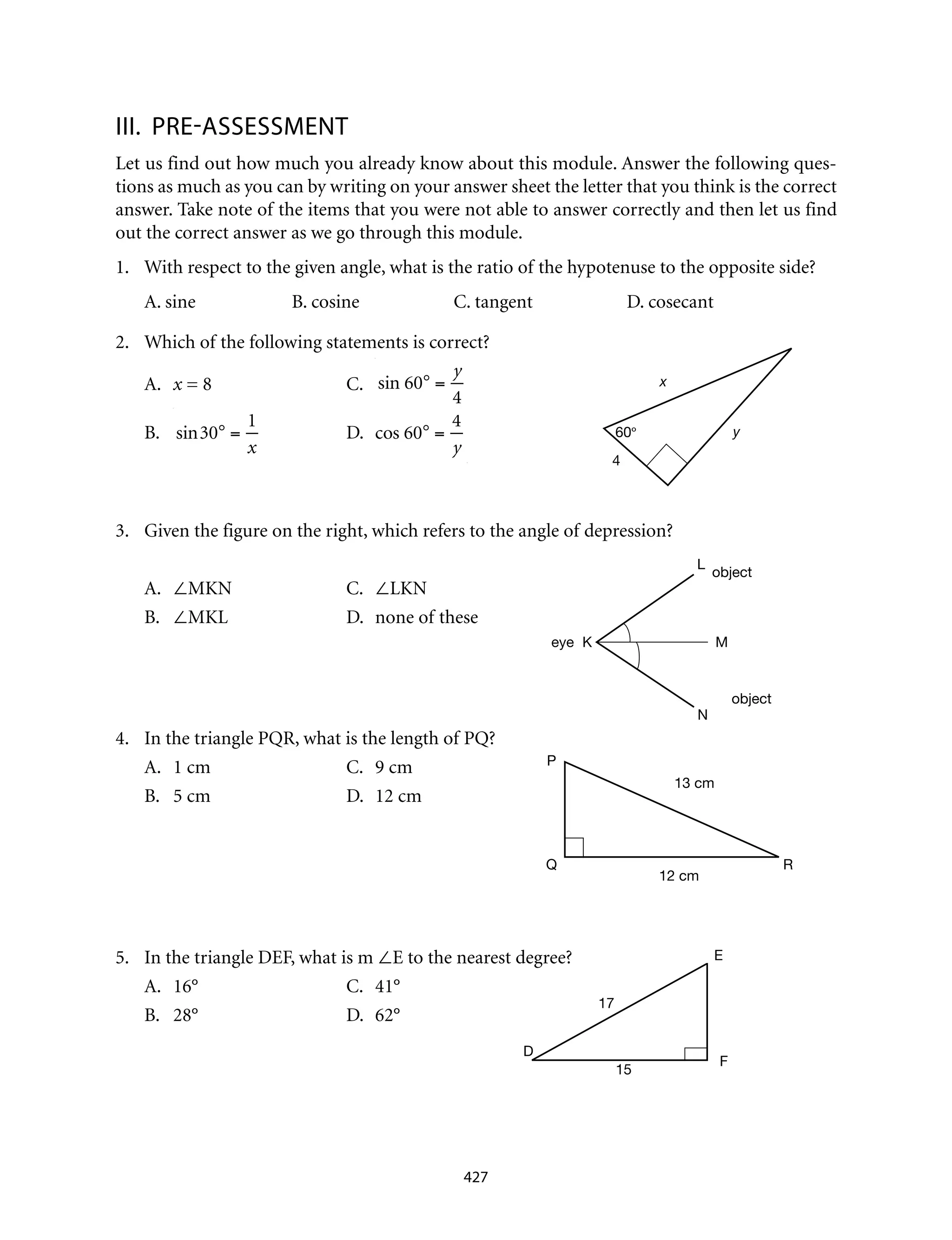 Grade 9 Mathematics Module 7 Triangle Trigonometry | PDF