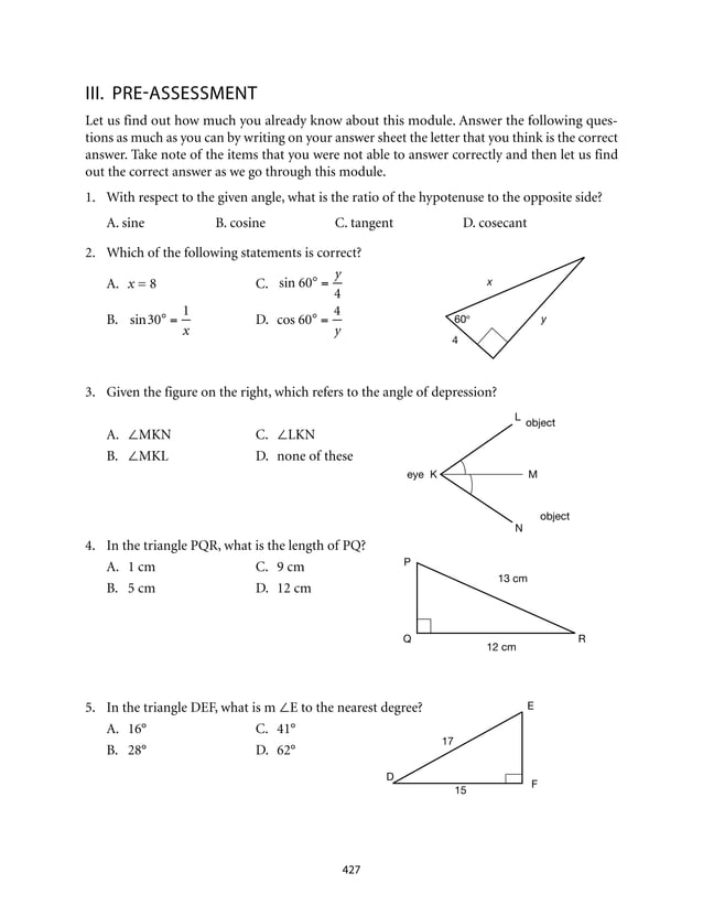 Grade 9 Mathematics Module 7 Triangle Trigonometry | PDF