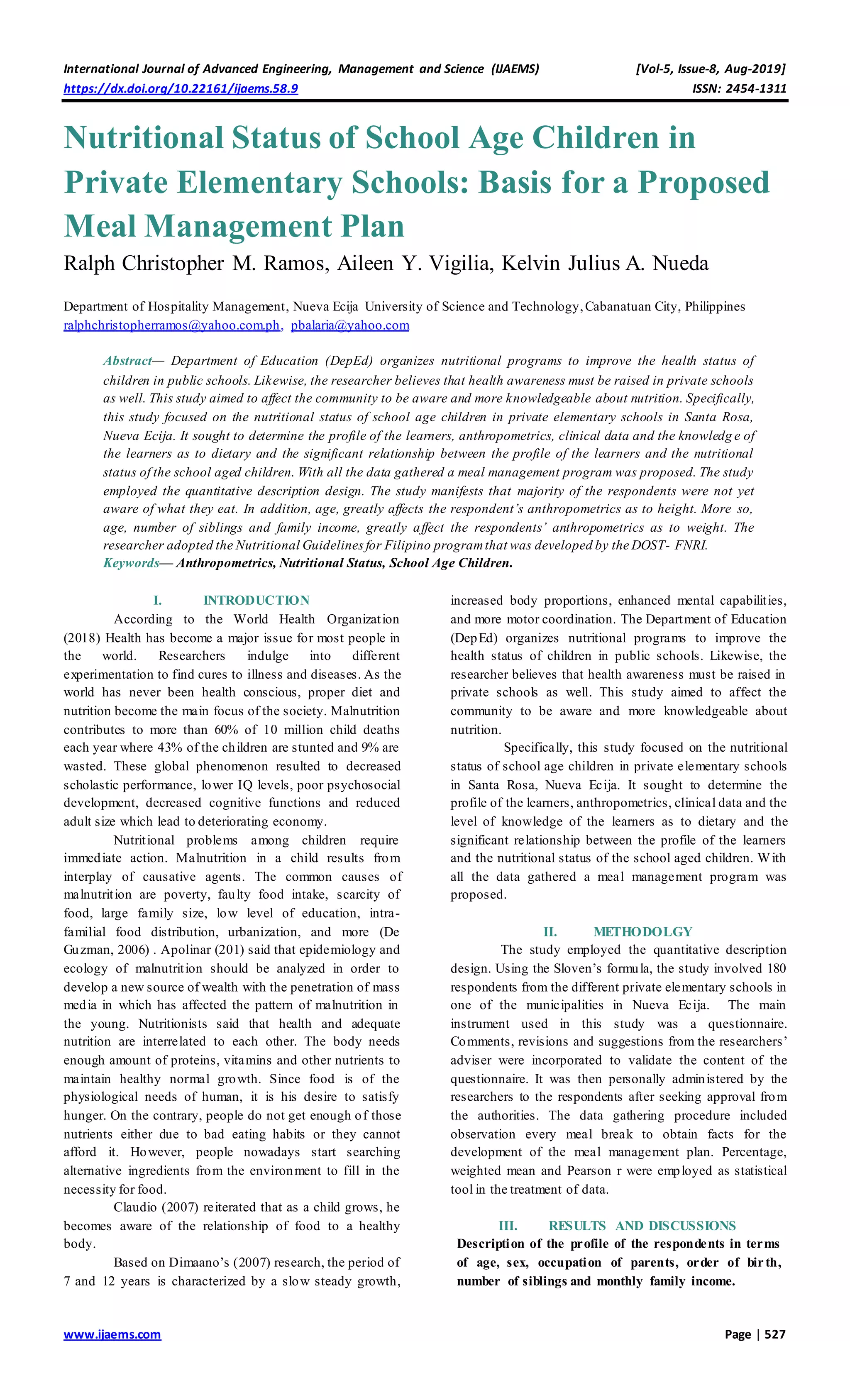 Nutritional Status of School Age Children in Private Elementary Schools ...