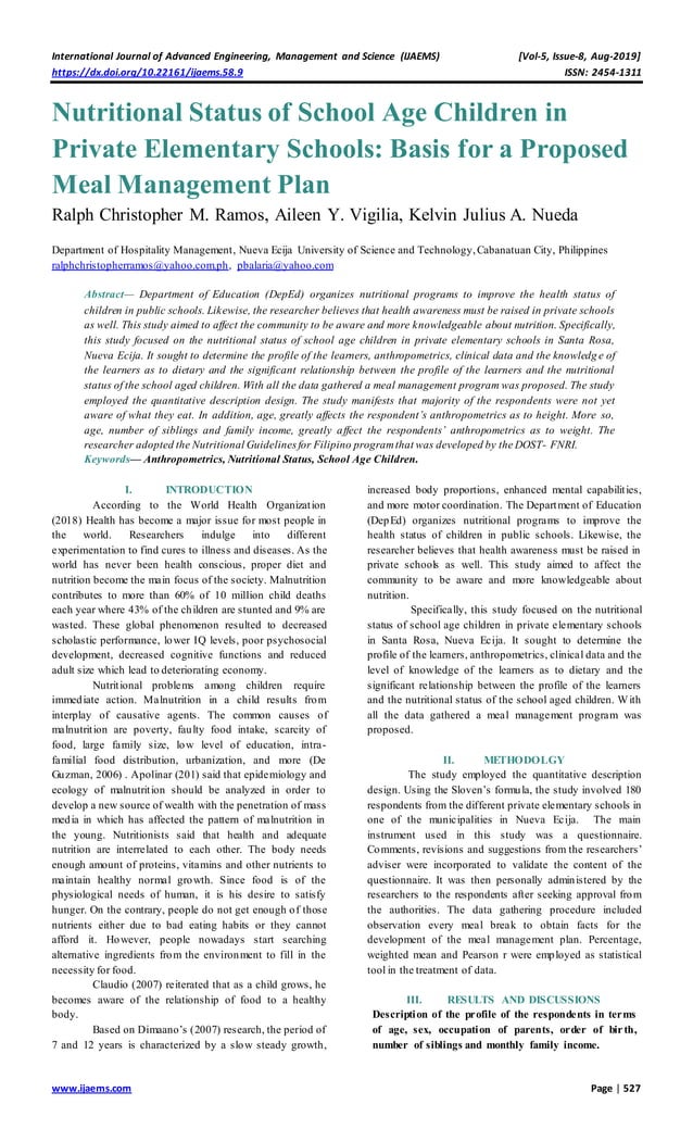 Nutritional Status of School Age Children in Private Elementary Schools ...